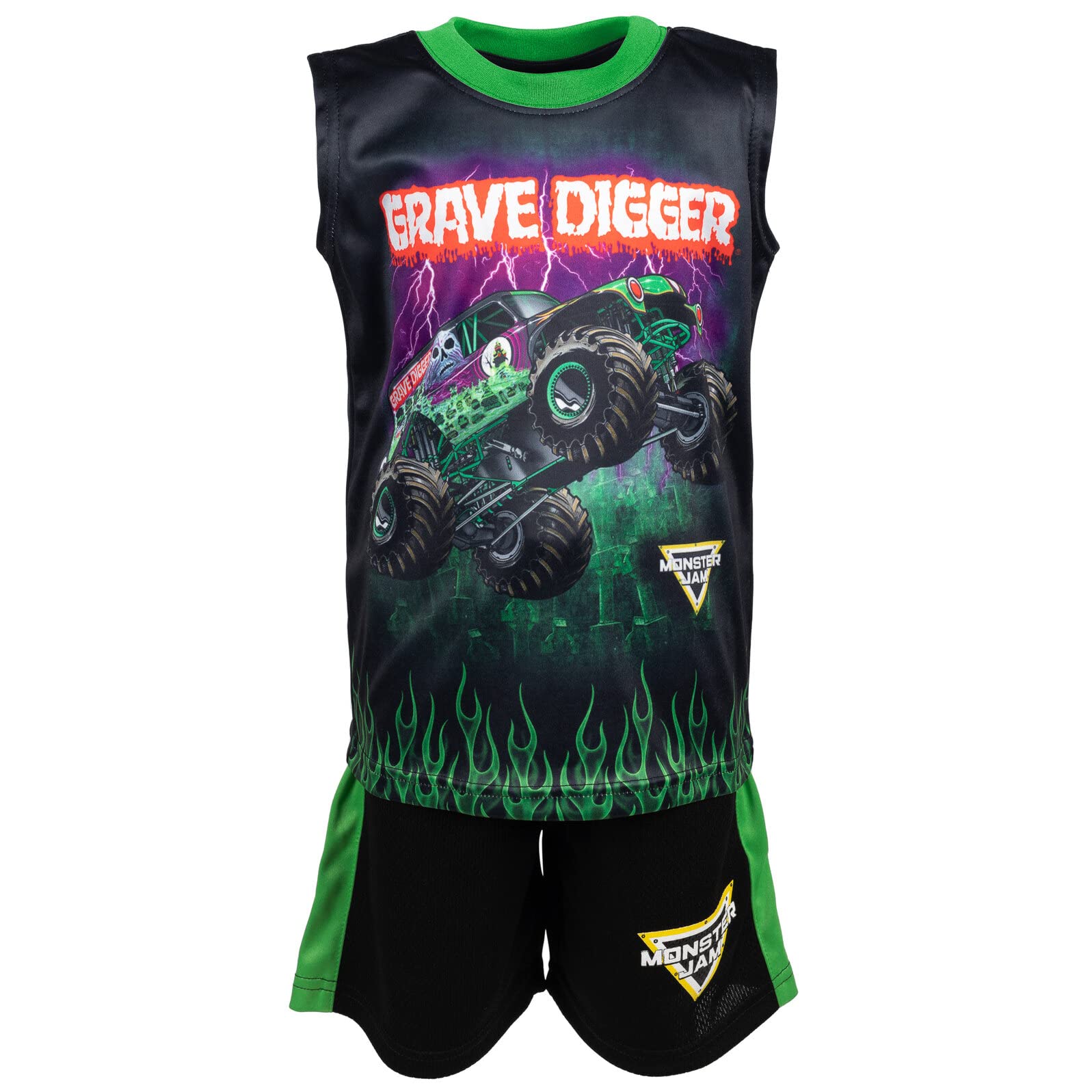 Monster Jam Toddler Boys Graphic T-Shirt Tank Top Mesh Shorts 3 Piece Outfit Set Black 4T