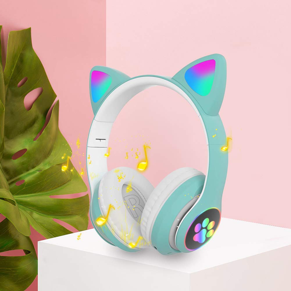 LVOERTUIG Gaming Headset Fashion Bluetooth 5.0 Kids Adult Cat Ear LED Light Up Wireless Gaming Headset Foldable and Stretchable Reduction Headphones Computer Gaming Headphone