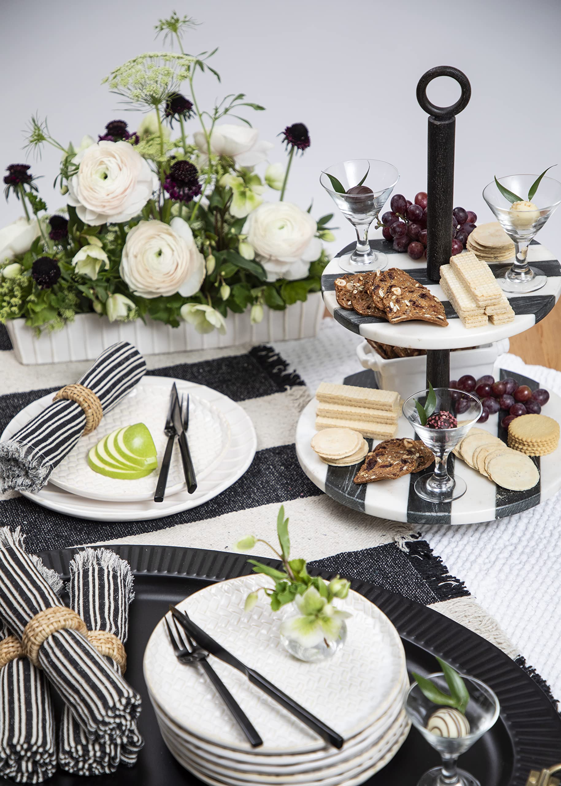 Mud Pie, White/Black, Marble Tiered Server, 16 1/4" x 12" dia