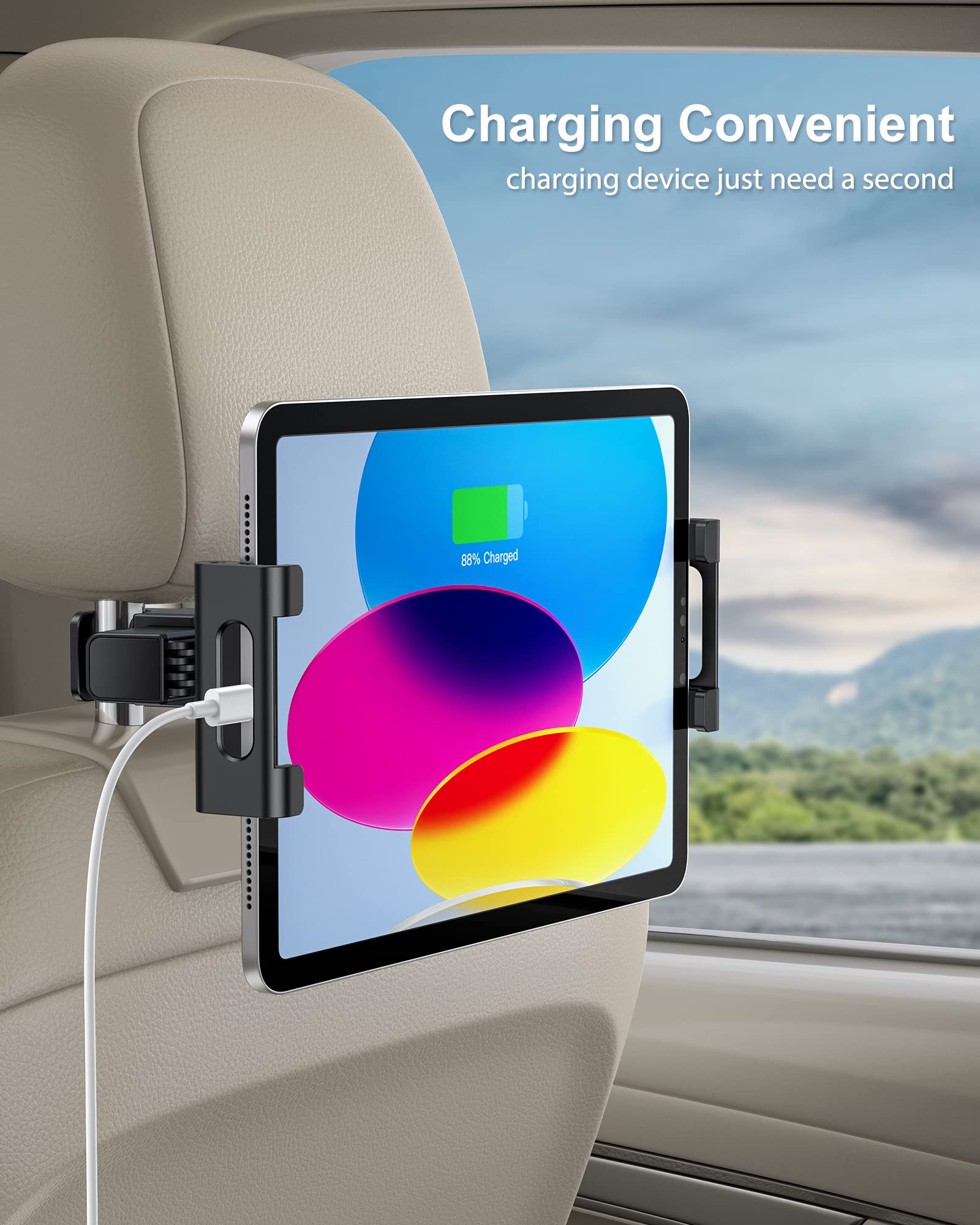 TECURS Car Tablet Headrest Holder - Car Back Seat Headrest Tablet Mount Stand for Kids, Road Trip Essentials, Compatible with iPad Pro/Air/Mini, Nintendo Switch, Other 4.7 to 12.9" Devices, Black