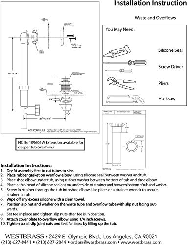 Westbrass 593244-50 White 1-1/2" Tubular Tip Toe Bath Waste Drain Kit, Powder Coat White