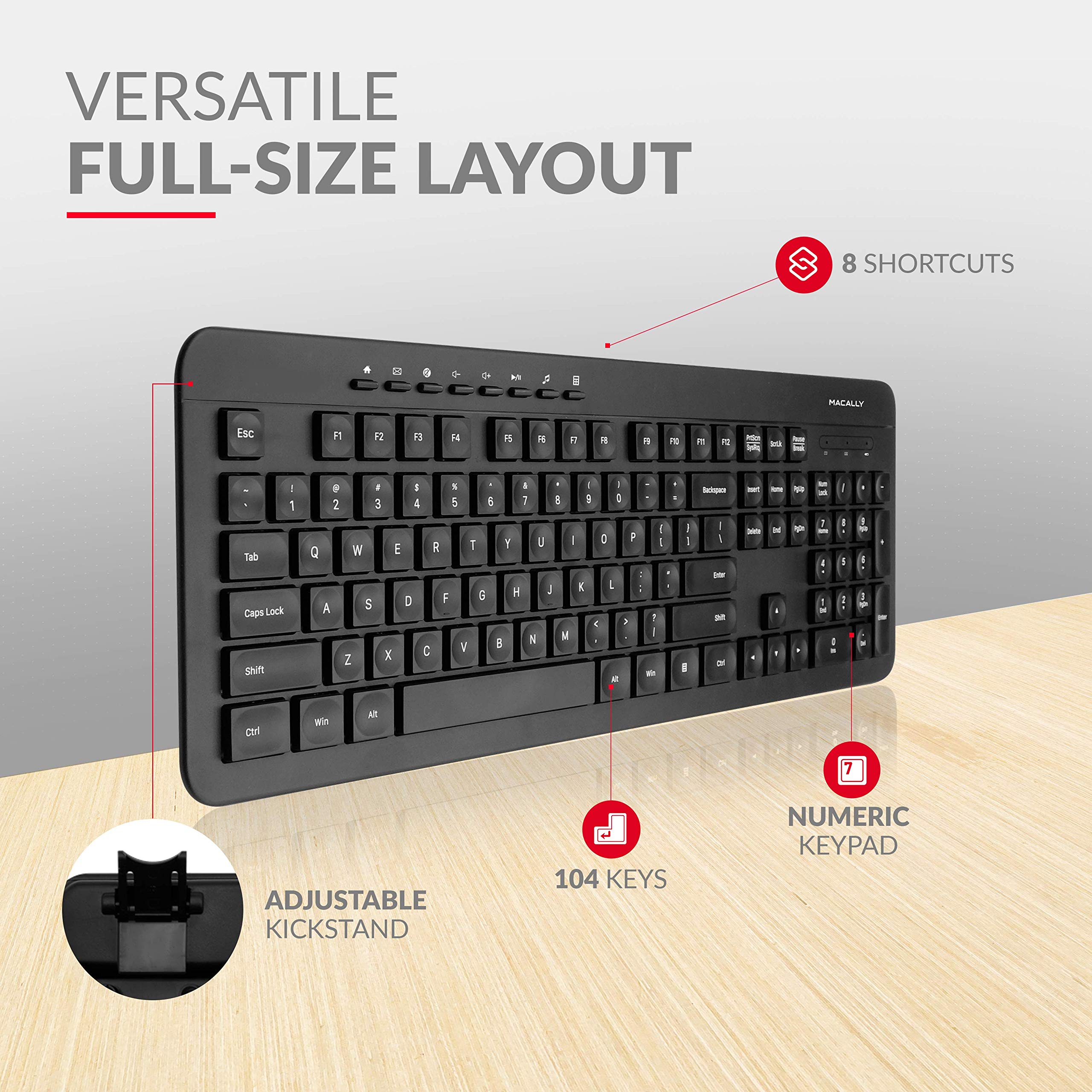 Macally Wireless Keyboard and Mouse Combo - 2.4G Ergonomic Wireless Mouse and Keyboard for Laptop and Desktop - Cordless Keyboard Mouse Combo Designed for Windows PC with USB, Plug & Play Full Size