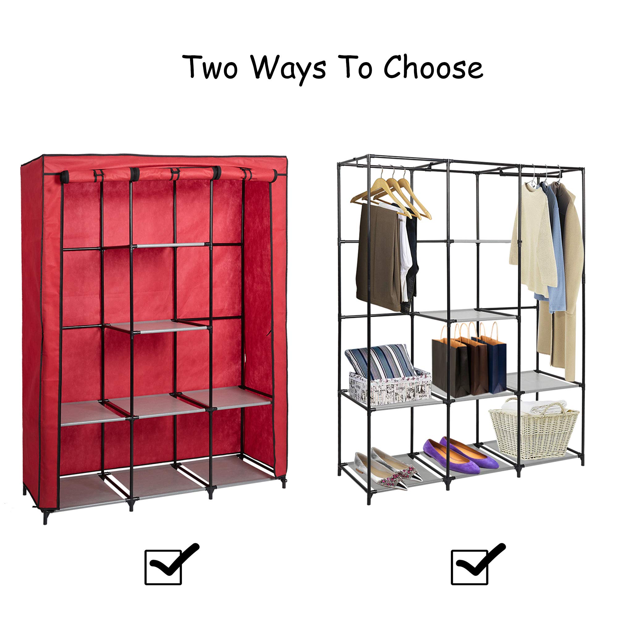 LUCKYERMORE Portable Closet Organizer Cloth Storage Wardrobe Closets with Removable Non-Woven Fabric Cover and Hanging Rod Space-Saving Organizer Cabinet, Grey