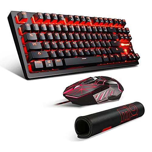 Mechanical Gaming Keyboard and Mouse Combo & Large Mouse Pad,Mechanical Keyboard 87 Keys Small Compact LED Backlit - MK1 Wired USB Gaming Keyboard with Blue Switches, for Windows