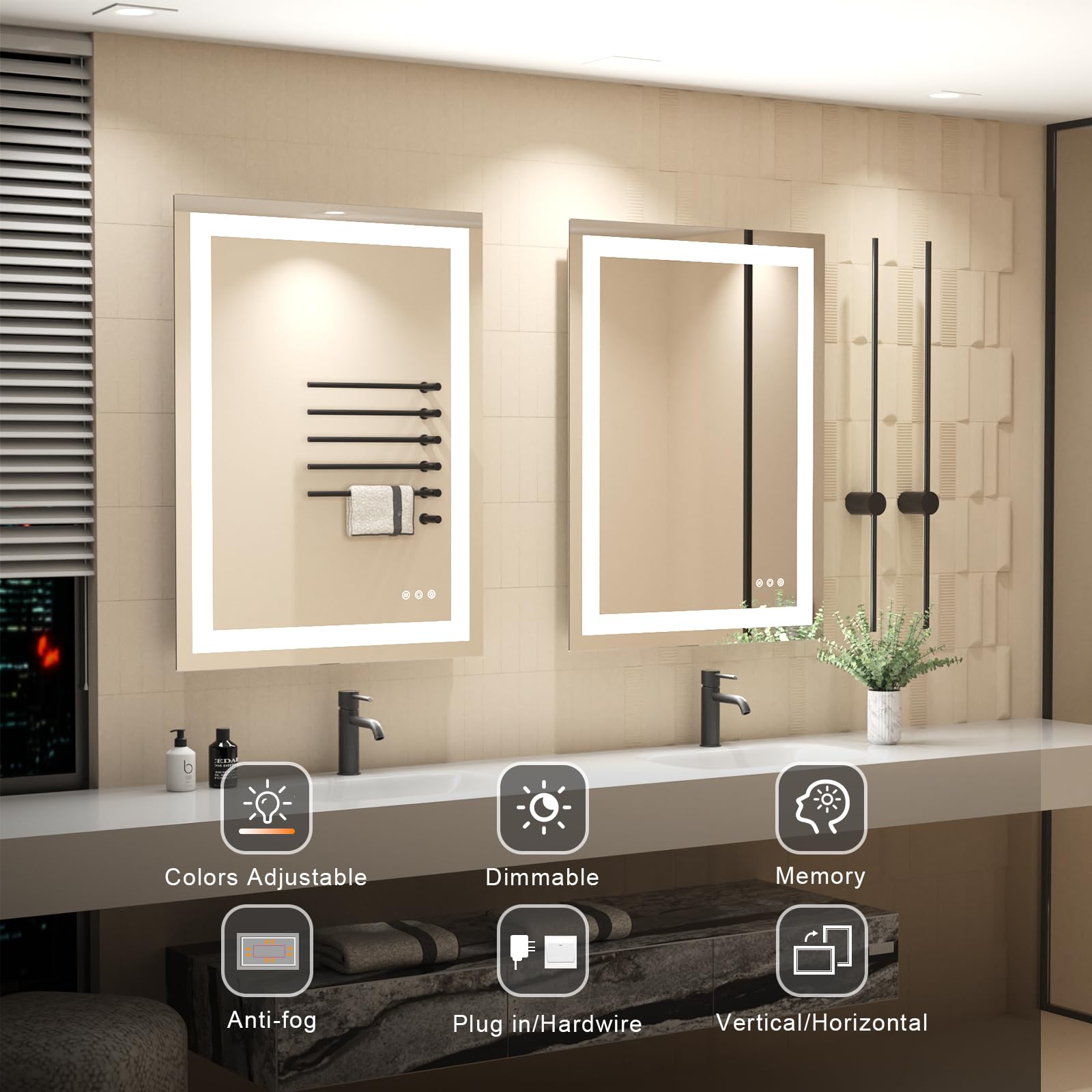 Modlicht 36" x24β LED Bathroom Mirror, Dimmable LED Mirror for Bathroom, Adjustable Warm/Natural/Cold Light, Memory Function, IP54, Lighted Bathroom Mirror with Smart Touch Button, Home Decor