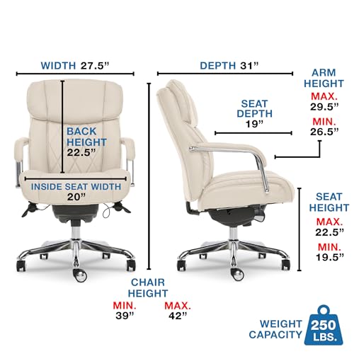 La-Z-Boy Sutherland Quilted Leather Executive Office Chair with Padded Arms, High Back Ergonomic Desk Chair with Lumbar Support, Ivory White Bonded Leather