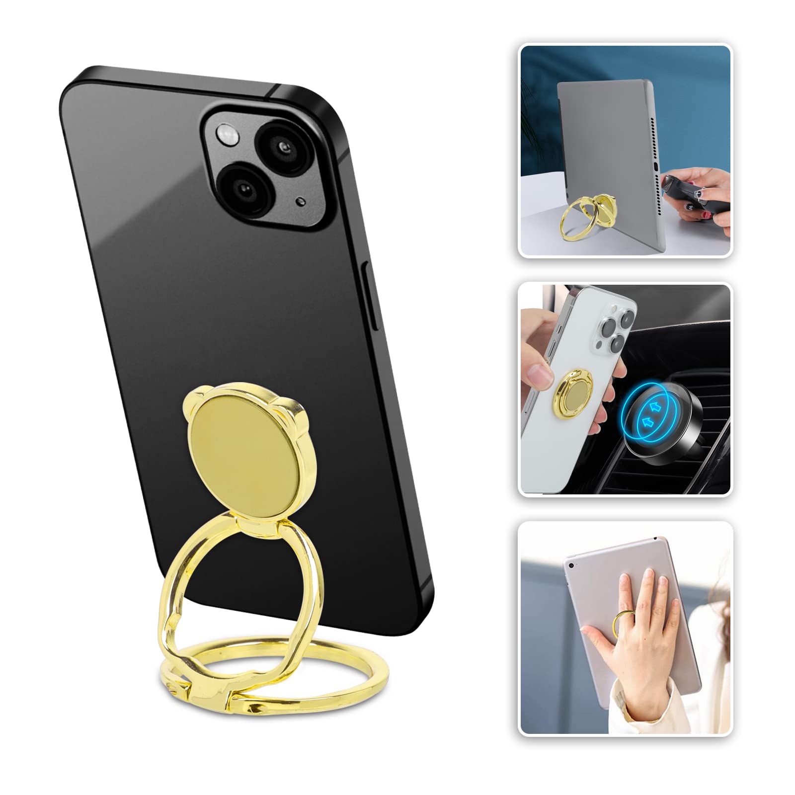 NICEASY Cell Phone Ring Holder Finger Kickstand, 360°Rotation Phone Grip Foldable Work with Magnetic Car Mount Compatible with iPhone iPad Smartphones Tablets (2 Pack,Golden)