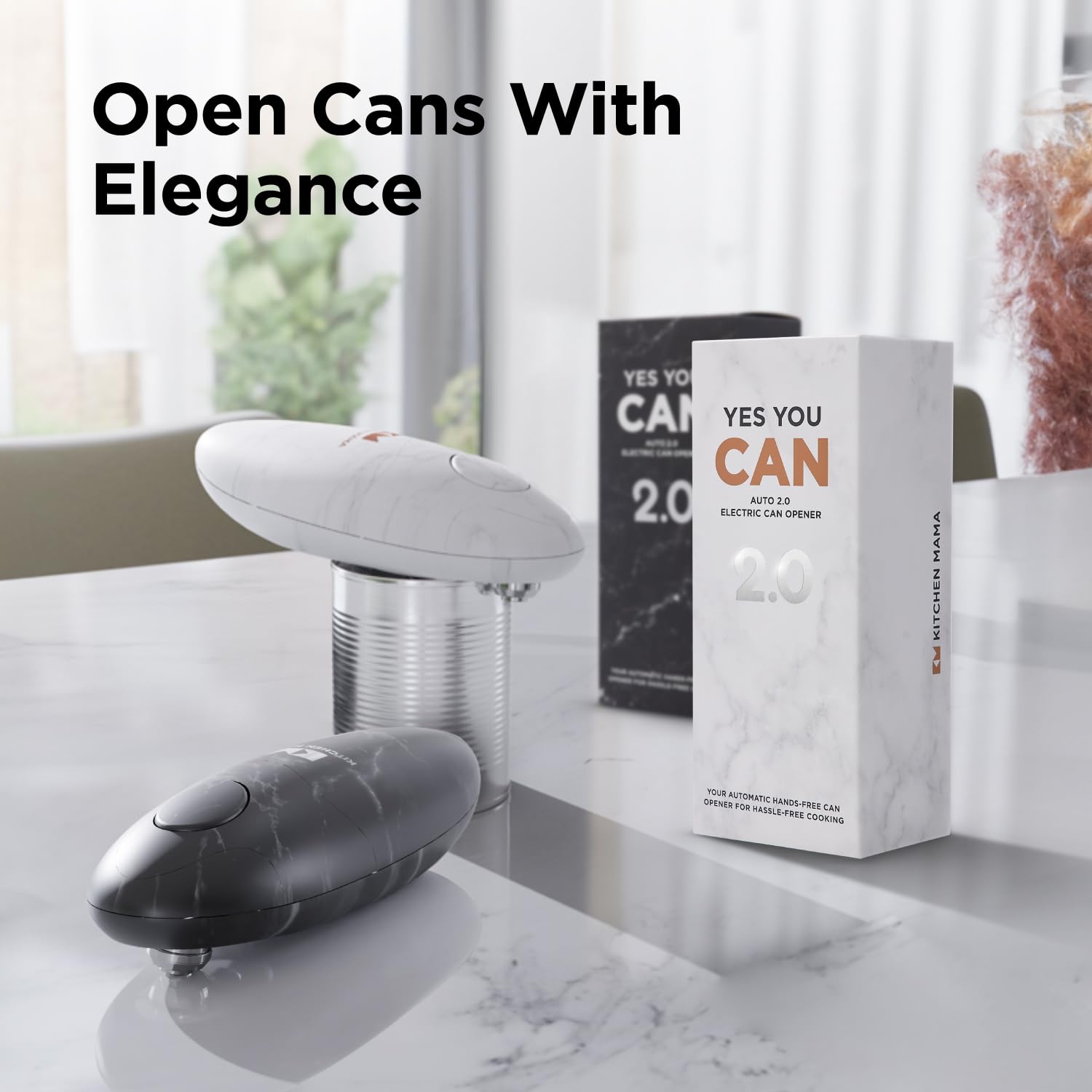 Kitchen Mama Auto 2.0 Electric Can Opener: Refined Blade Opens Almost Any Can - Automatic, Hands Free, Smooth Edge, Food-Safe, Battery Operated, YES YOU CAN (Marble White)