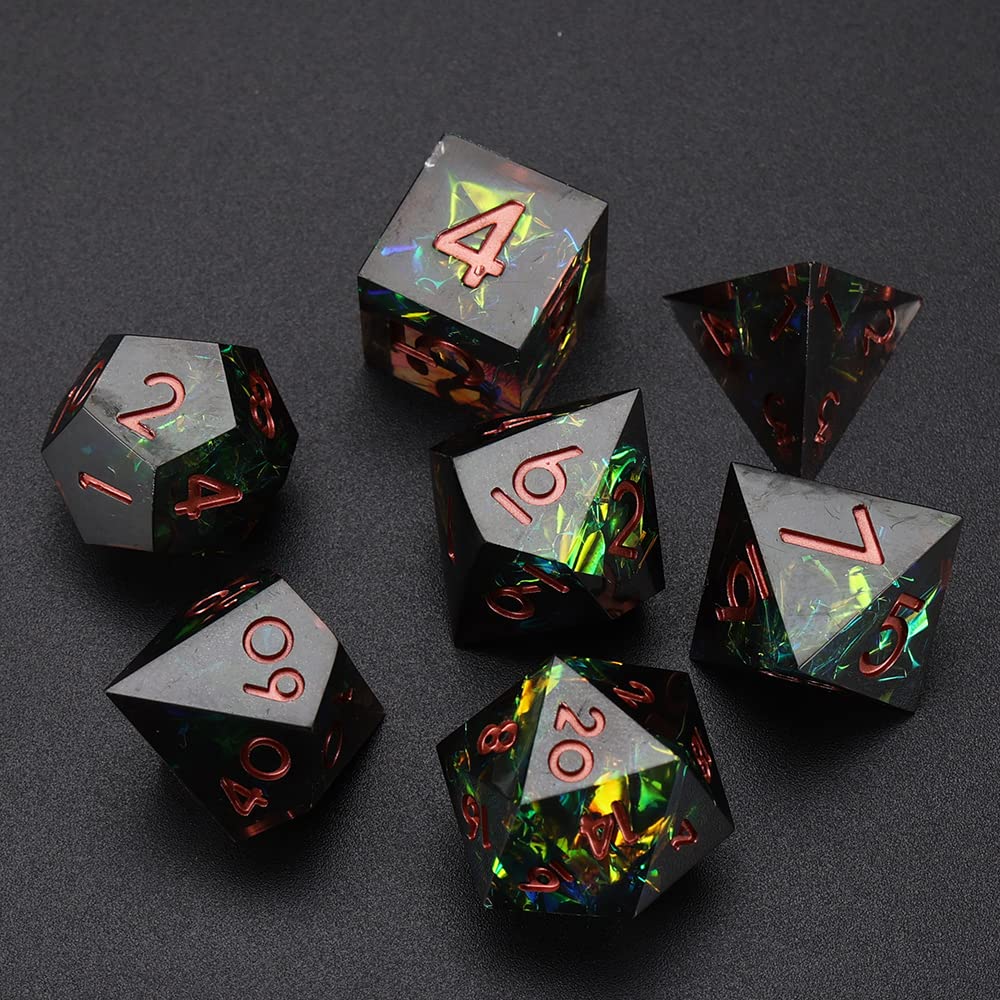 Polyhedral Resin DND Dice Set, Handcrafted Polished Sharp Edge Tabletop D&D RPG Games Dice with Beautiful Glitter Inclusions