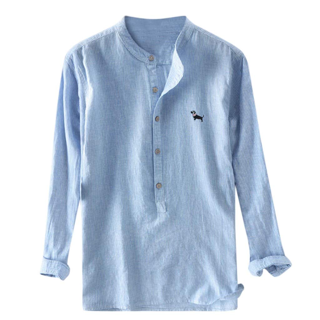 Men's Plus Size Shirt Retro Pure Color Cotton Linen Tee Baggy Stripe Embroidery Long Sleeve Button-Up T Shirts M-3XL