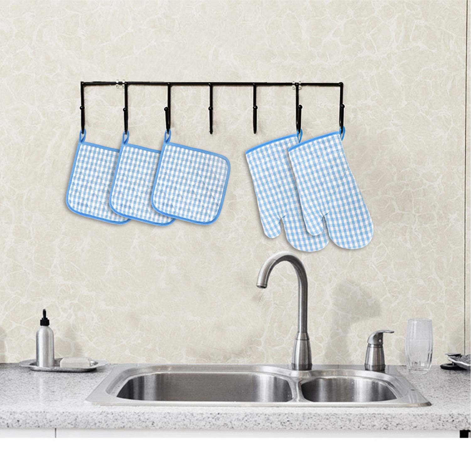 Kitchen Oven Mitt and Pot Holders, 5 pcs Heat Resistant Vintage Cotton Gingham Oven Mitts and Potholders Hot Pads Mats Coasters Set for Cooking Baking (Blue Set)