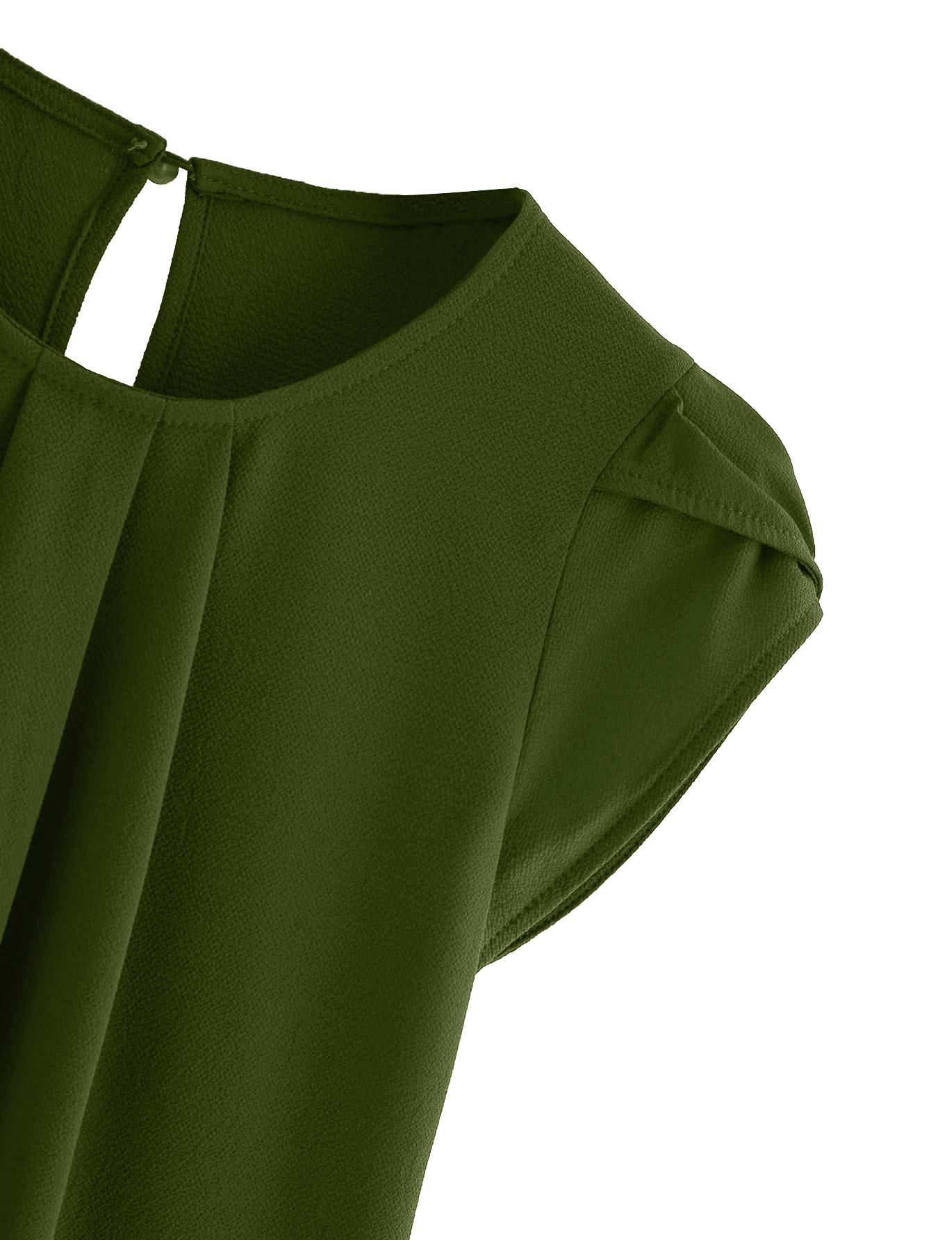 Milumia Womens Casual Round Neck Basic Pleated Top Shirt Curved Keyhole Back Blouse (Army Green, Large, Cap Sleeve)