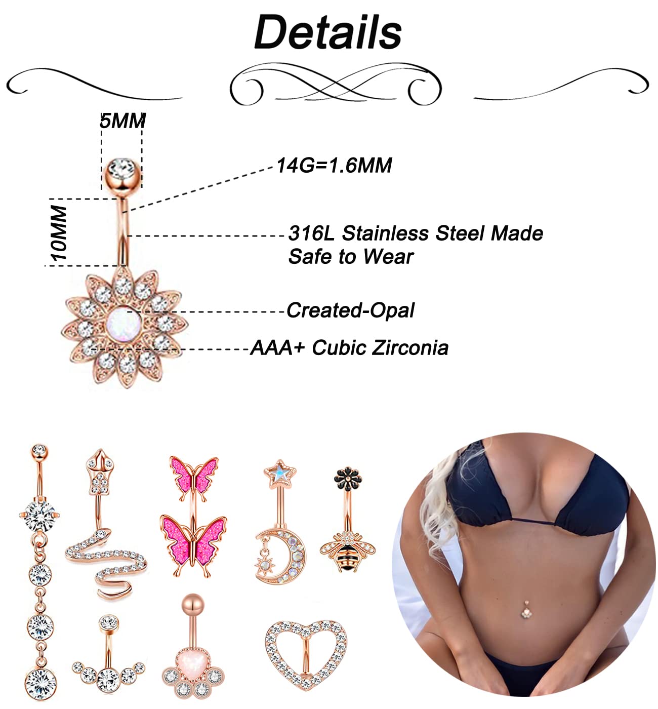 NICEIGHT 9PCS Stainless Steel Belly Button Rings Dangle Belly Rings for Women Heart Moon Snake Flower Navel Rings Body Jewelry Piercing Rose Gold