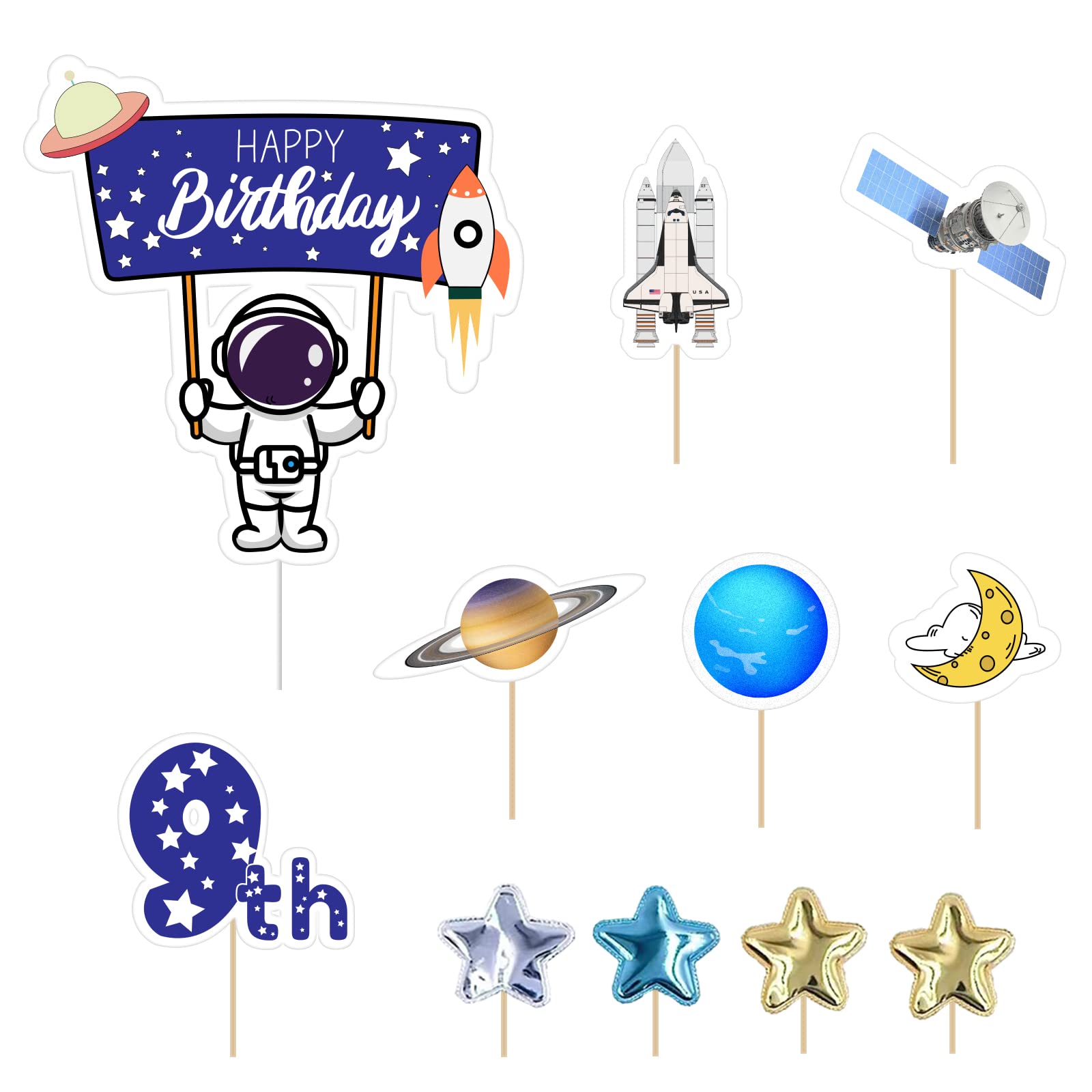 Space 9th Happy Birthday Cake Topper for Boy Girl space jam Galaxy Solar System Space Man Party Decorations Glitter Rocket Planet Astronaut Cupcake Toppers