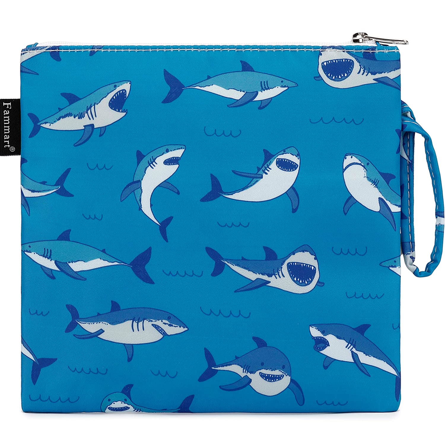 Reusable Sandwich Bag/Snack Bag for Kids & Adults, Dual Layer Lunch Bag with Handle, Washable, Food Safe, BPA Free (1-Pack, Shark)