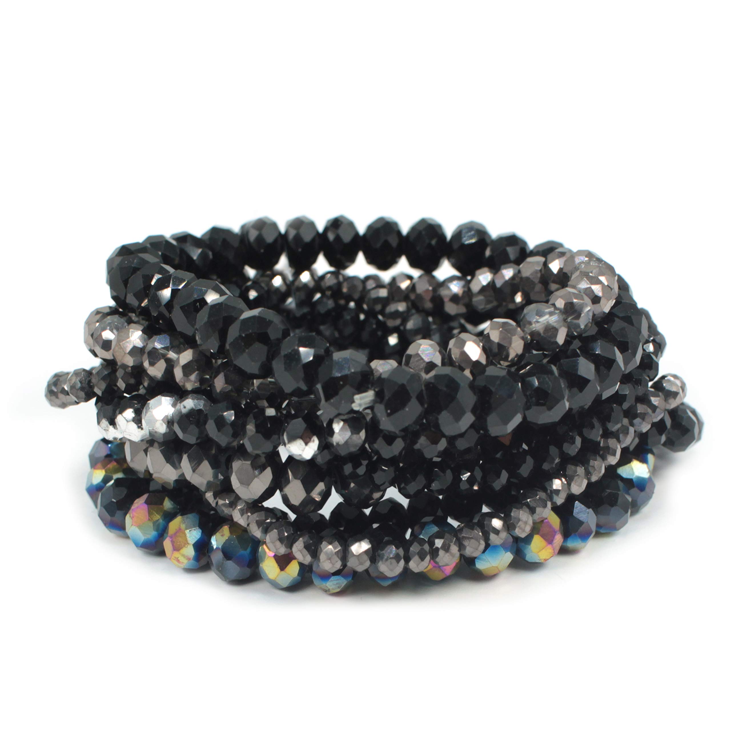 Miracle Collection Bohemian 9 Strands Crystal Beaded Multi-Layer Stacking Elastic Bracelets - Versatile Stretch Strand Statement Bracelet (LIGHT GREY)