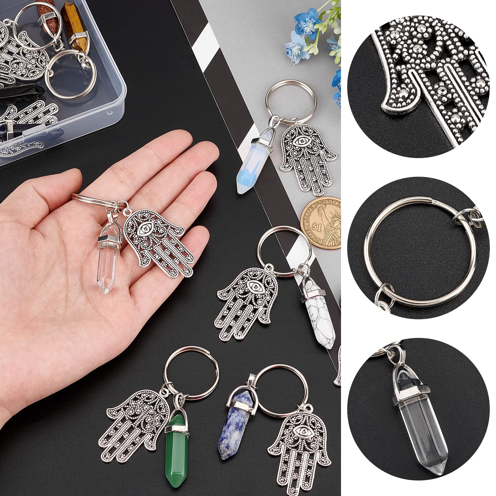 PH PandaHall 12pcs Hamsa Hand Keychains 12 Style Evil Eye Keychain with Crystal Stone Hexagonal Gemstone Lucky Charm Keychain for Wrislet Keychain Necklace Birthday Gift Bag Car Decoration