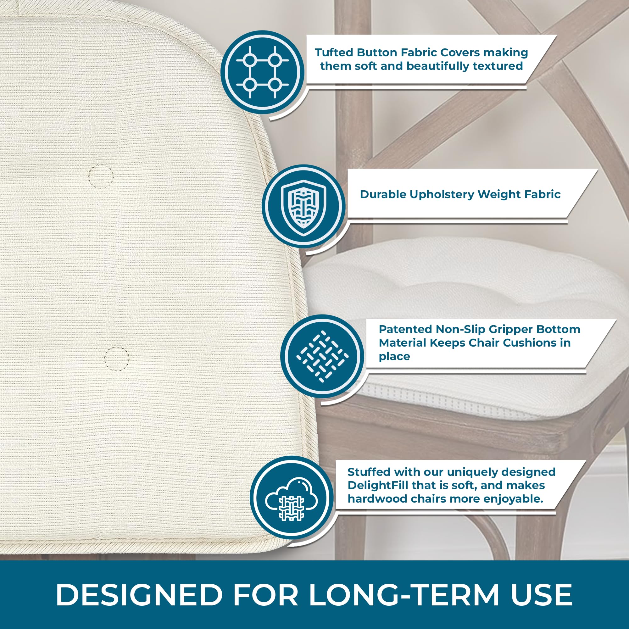 Klear Vu Omega Non-Slip Universal Chair Cushions for Dining Room, Kitchen and Office Use, U-Shaped Skid-Proof Seat Pad, 15x16 Inches 4 Pack Solid Ivory 4 Count