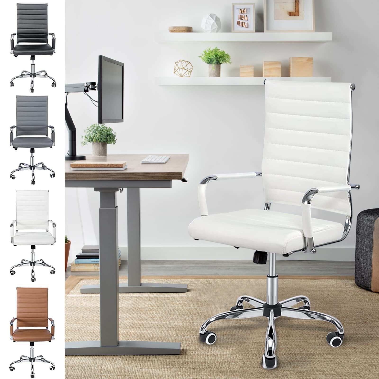 LUCKWIND Office Executive Desk Chair Ribbed - Ergonomic Modern PU Leather Conference Task Chairs Height Adjustable Tilt Rokcer Reception Swivel Arm Chair Rolling Mute (White)