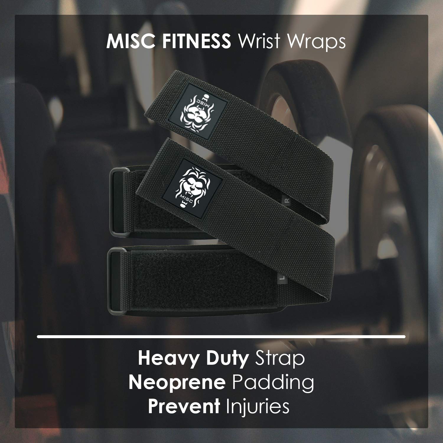 MISC FITNESS Wrist Wraps - Lifting Support Compression and Stabilization for Powerlifting Weightlifting Crossfit - Custom Fit Adjustable Fixing Tape Extra Wide Strap with Steel Buckle - Black V2