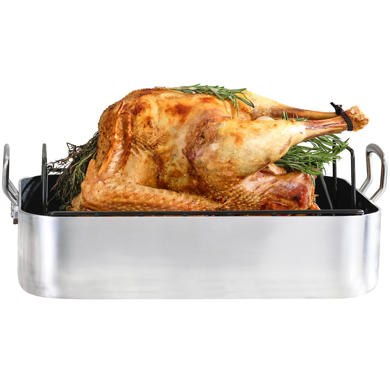 KITESSENSU Nonstick Turkey Roasting Pan with Rack 17 x 14 inch - Large Chicken Roaster Pan for Oven - Wider Handles & Heavy Duty Construction - Suitable for 24lb Turkey, Gray