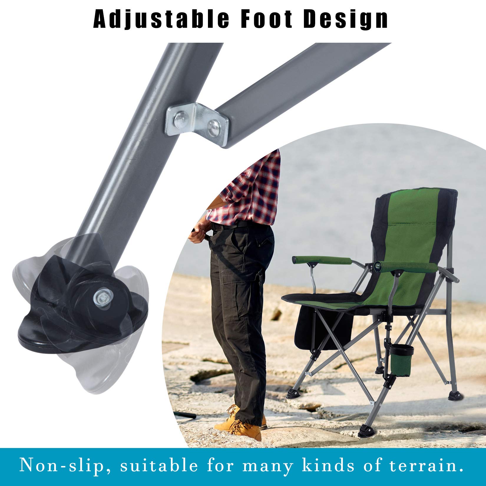 MaiuFun Portable Camping Chair Folding Heavy Duty Quad Outdoor Large Chairs Support 330 lbs High Back Padded Thicken Oxford with Armrests, Storage Bag, Cup Holder, Carry Bag for Outside(Green)