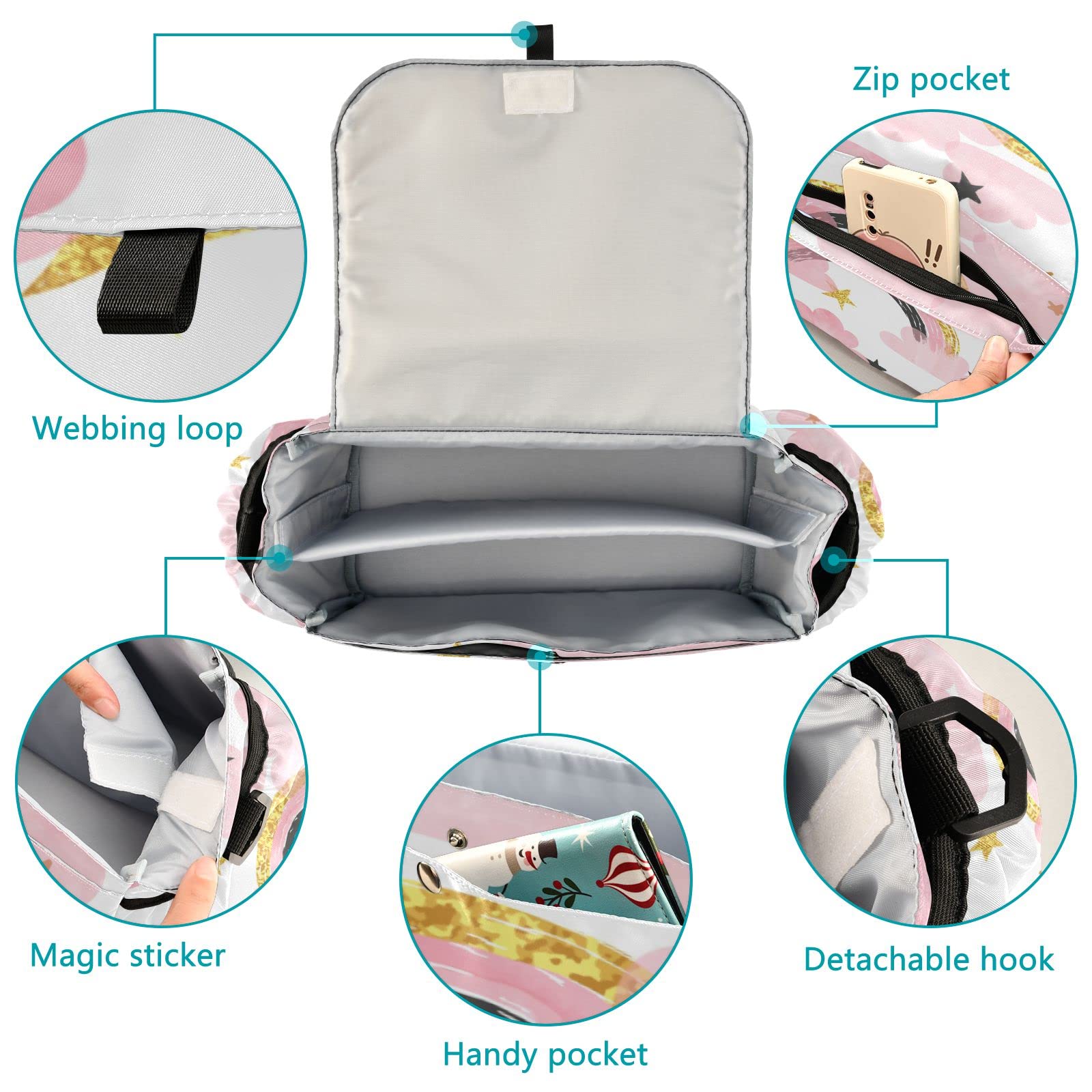 Sinestour Rainbows Clouds Star Stroller Organizer with Cup Holder Universal Stroller Organizer Bag Detachable Shoulder Strap Stroller Accessories for Diaper Keys Phone Toys Fit All Baby Stroller