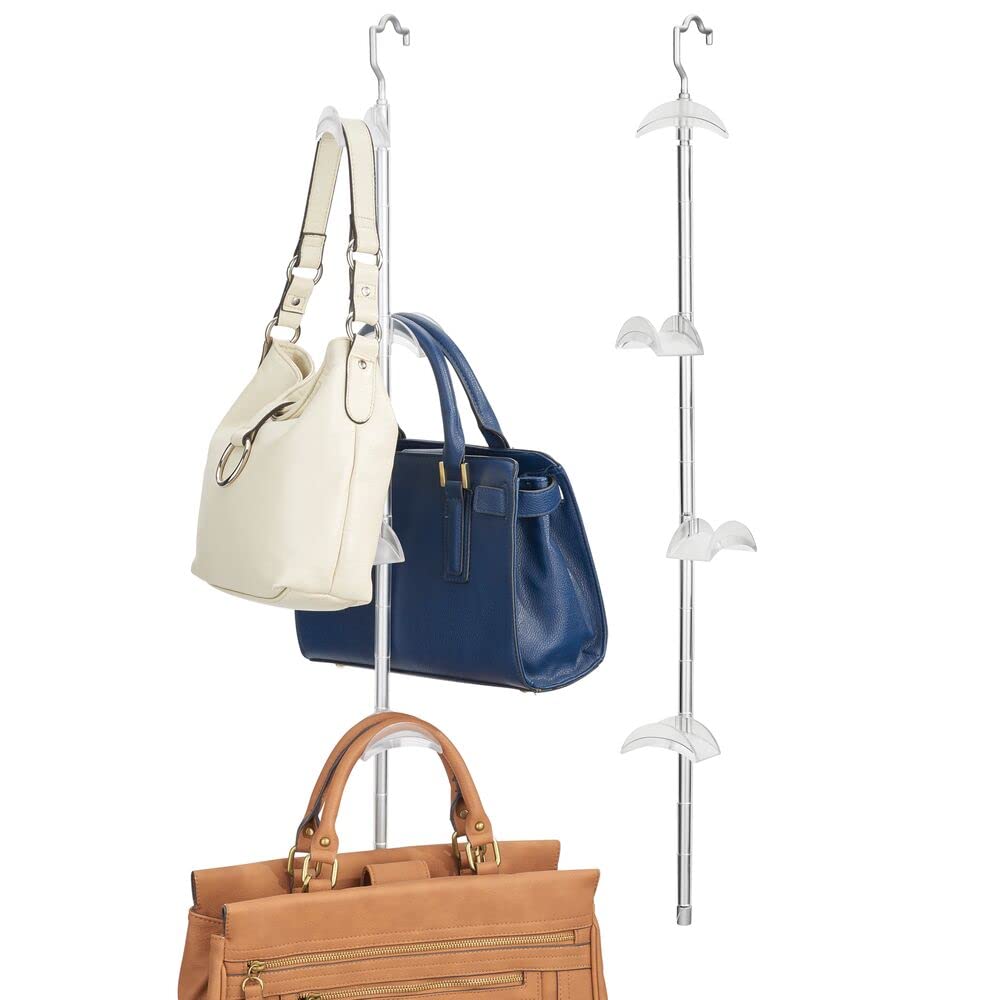 mDesign Aluminum Over The Closet Rod Hanging Storage Organizer Hanger for Storing and Organizing Purses, Backpacks, Satchels, Crossovers, Handbags - 4 Hooks - 2 Pack - Silver/Frost