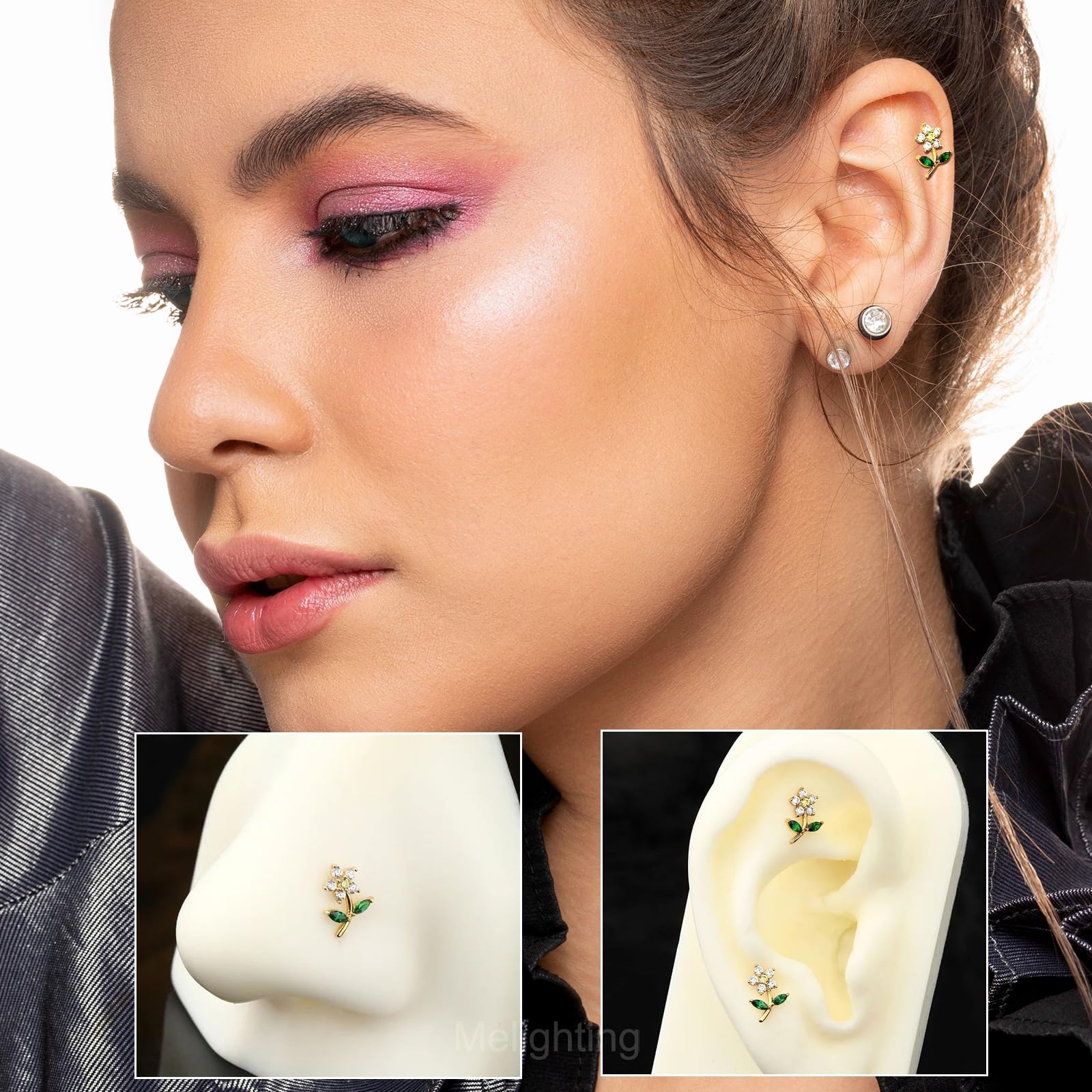 Melighting 14K Solid Gold Threadless Earring Gold Heart Flat Back Earring Titanium Threadless Push in Earring for Women 16G Solid Gold Tragus Piercing Jewelry Gold Helix Earring Cartilage Earring