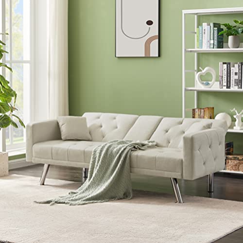 Verfur Linen Upholstered Futon Bed with 2 Cup Holders,Button Tufted Convertible Folding Loveseat, Small Lounger Sofa & Couch for Compact Living Spaces,Apartment, 75.59", Beige
