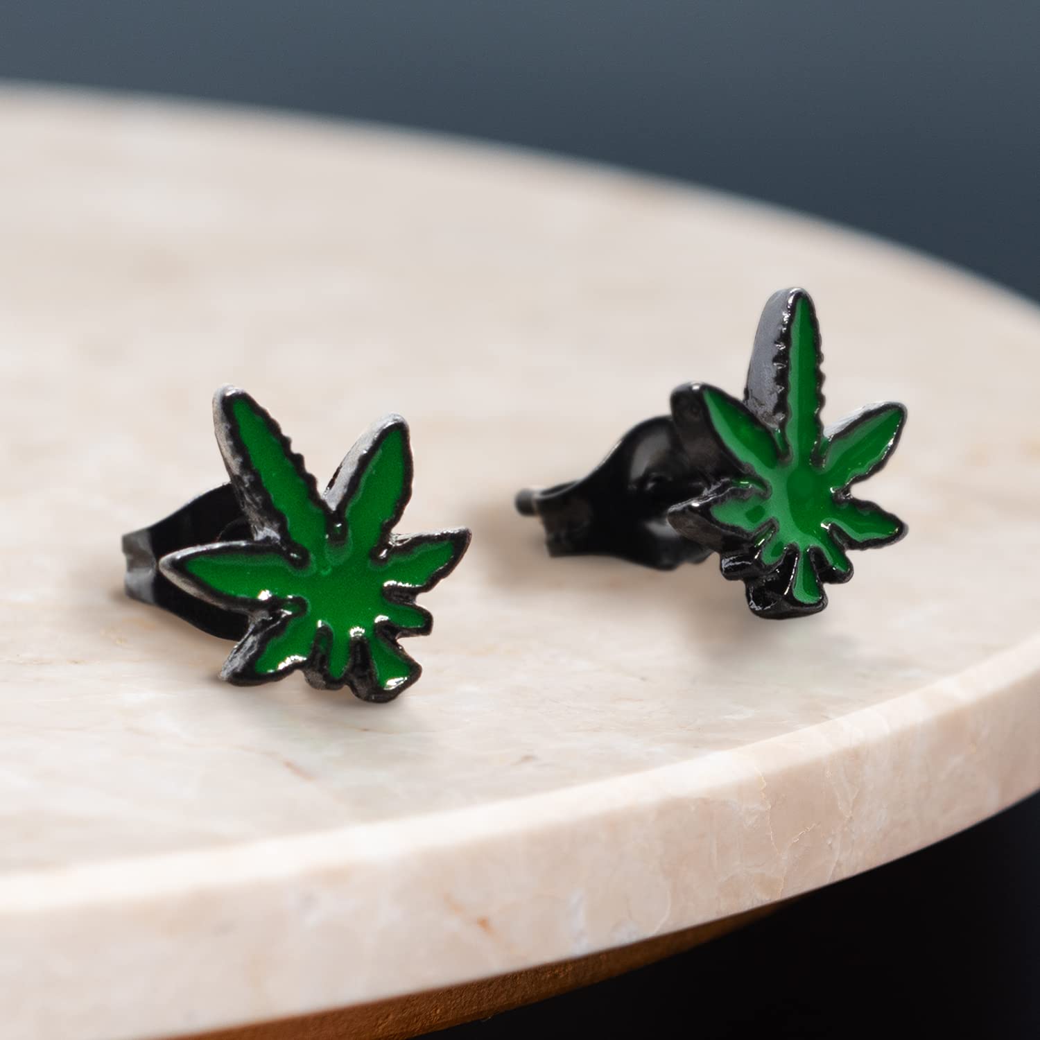 Pierce2GO Stud Earrings 316L Stainless Steel Anodized Black Ear Studs with Green Marijuana Leaf Pendant Earrings Studs for Women and Men β Marijuana Stud Earrings Set of 2
