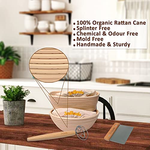 Set of 2 Banneton Bread Proofing Basket 9β Round, 10β Oval with Maximum 9 Bread Making Tools and Supplies by SMILLWALA Proofing Baskets for Sourdough Bread Baking Supplies Kit (Oval and Round)