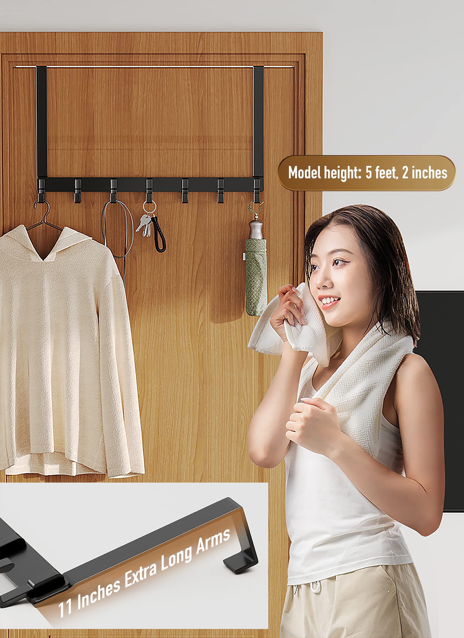 KitchLife Over The Door Hooks Hanger with Extra Long Arms for Easy Use by Women - Bathroom Accessories and Towel Rack Organization - 1 Pack, Black