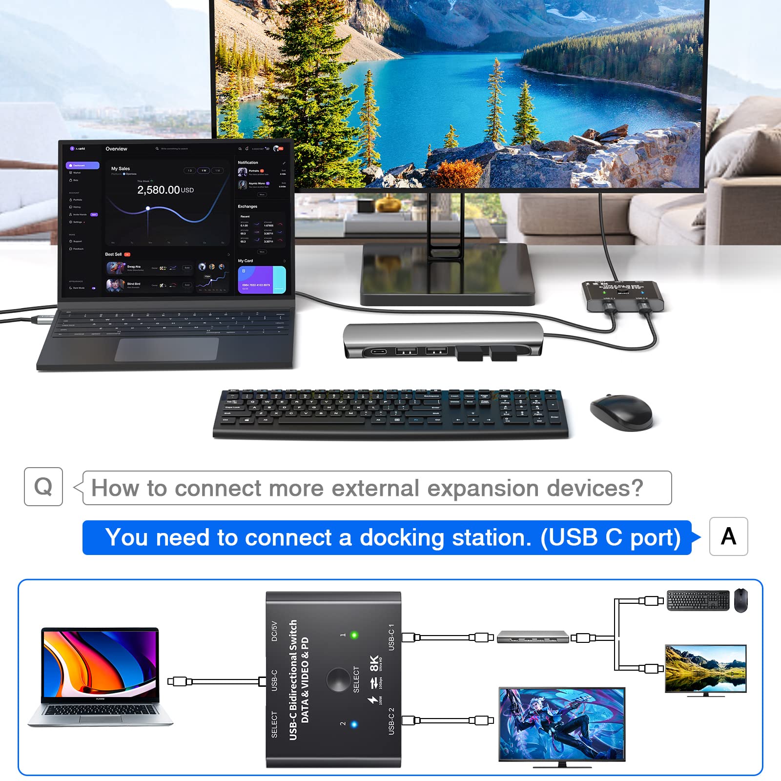 USB-C Switch,Bi-Directional USB C Switcher 2 in 1 Out/1 in 2 Out Type C KVM Switch Supports 8K@60Hz,4K@120Hz Video / 10Gbps Data Transfer/ 100w Power Delivery Compatible with Thunderbolt Device