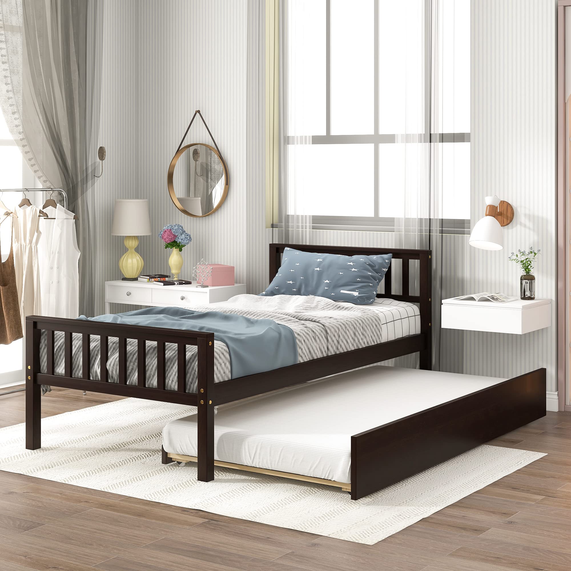 Lifeand Twin Bed with Trundle, Platform Bed Frame with Headboard and Footboard, for Bedroom Small Living Space,No Box Spring Needed,Espresso