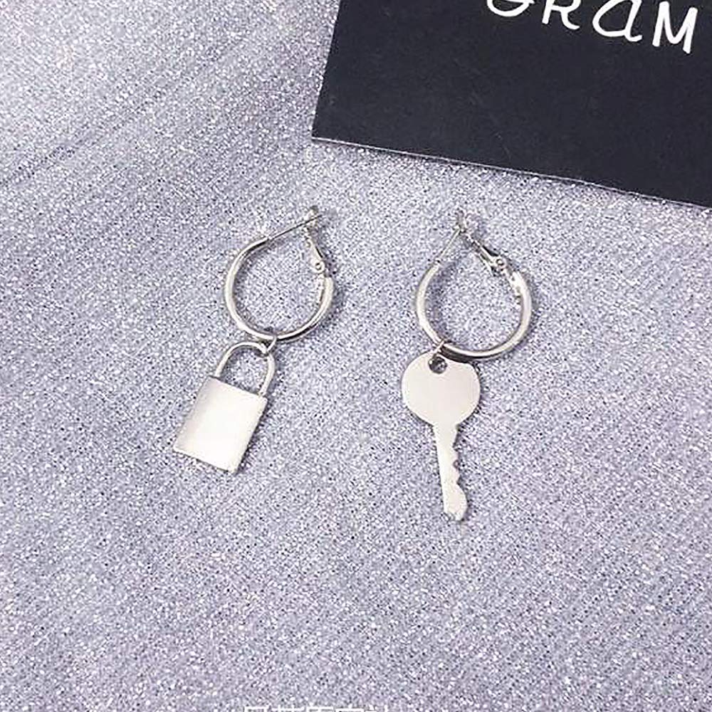 Lock and Key Earrings for Women.Asymmetric Lock Key Earring, Padlock Dangle Hoop Earrings Key Punk Edgy Aesthetic Earrings