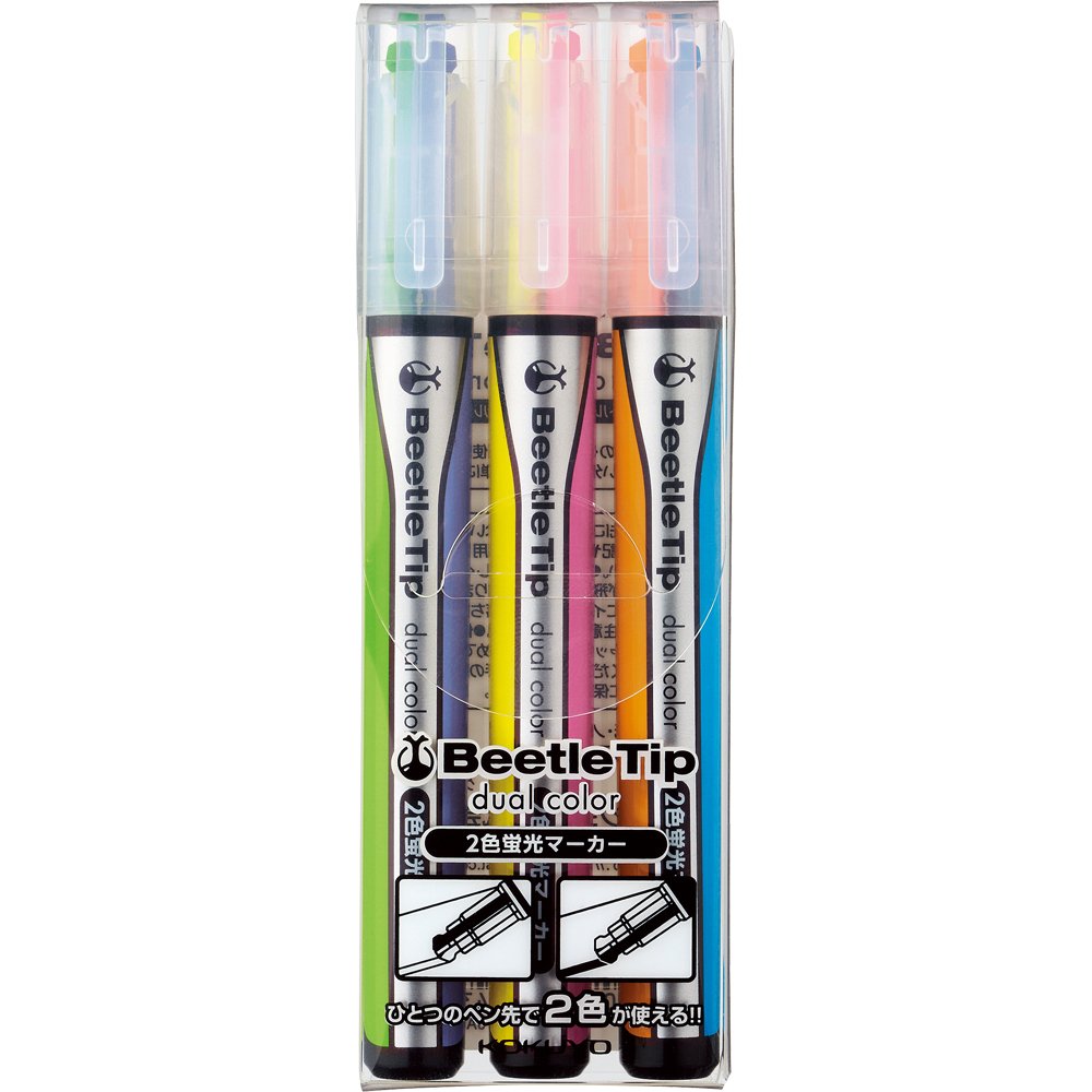 KOKUYO Beetle Tip Dual Color Highlighter, Fluorescent Markers, Standard Colors Set, Japan Import (PM-L303-3S)