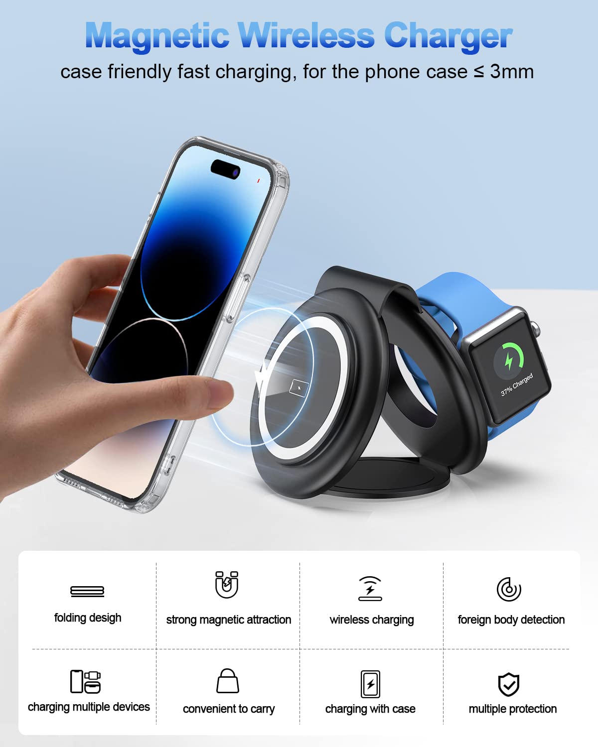Wireless Charger,RTOPS Magnetic Travel Wireless Charging Station Multiple Devices,GaN 3 in 1 Charging Station,Compatible with iPhone 14/13/12/Pro/Max,iWatch,AirPods 3/2/Pro(Adapter Includes)