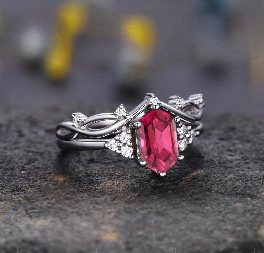 Retro hexagon Red Ruby Ring,Vintage Sterling Silver Ring Set,Unique Ruby Engagement Ring,Promise Ring,Anniversary Brial Ring Gift For Her (WHITE GOLD, 6)