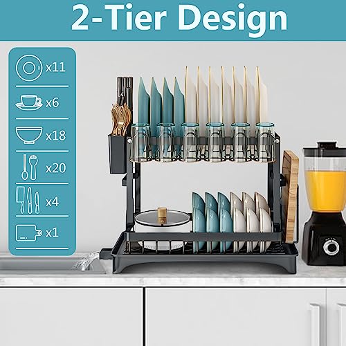 Makayla Dish Drying Rack - Rustproof, 2 Tier High Capacity and Solid Design, Metal Kitchen Counter and Cutting Board Organizer, Drainboard, Knife Cup Utensil Holder, Black