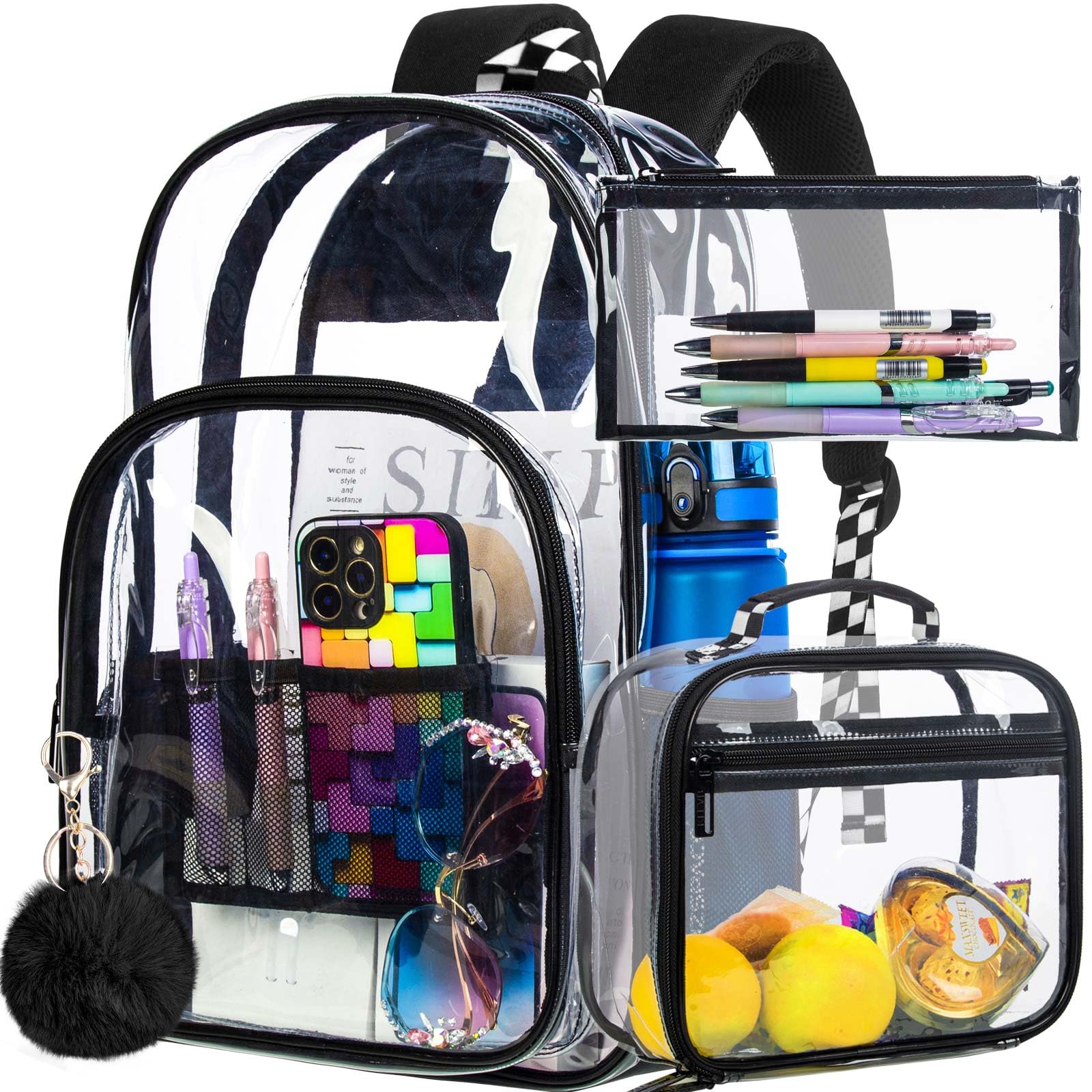 KLFVB 3PCS Clear Backpack, Heavy Duty Transparent Bookbag, See Through Sequin Backpacks - Black