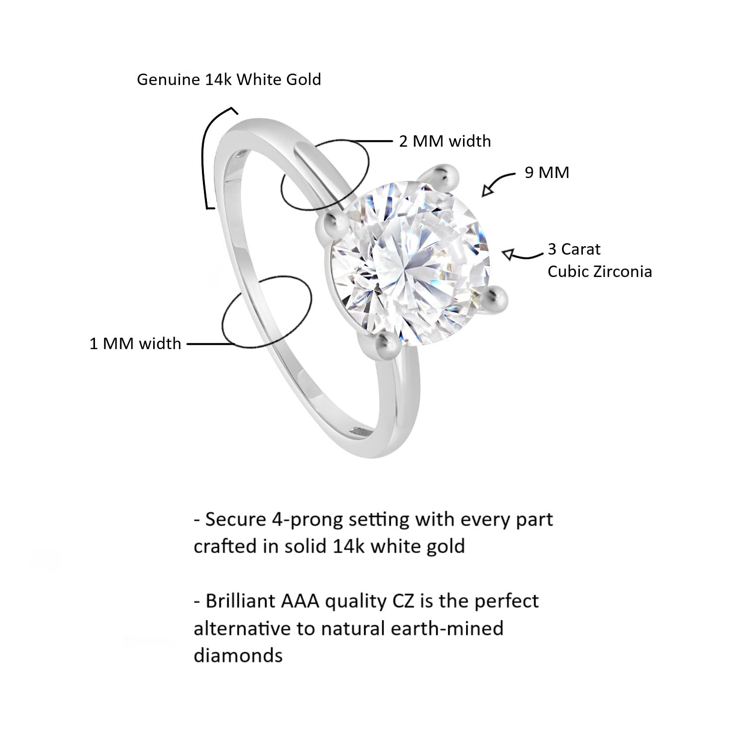 MAX + STONE 3 Carat Round Cubic Zirconia Solitaire Engagement Ring for Women | 14k Gold Engagement Ring | Simulated Diamond Ring | White Gold CZ Engagement Ring Size 8
