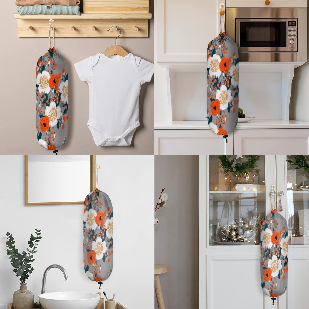 Plastic Bag Holder Funny Poppy Flowers Wall Mount Grocery Bag Organizer Holder Hanging Trash Bag Storage Dispenser for Home Kitchen Pantry Door Organization Decor