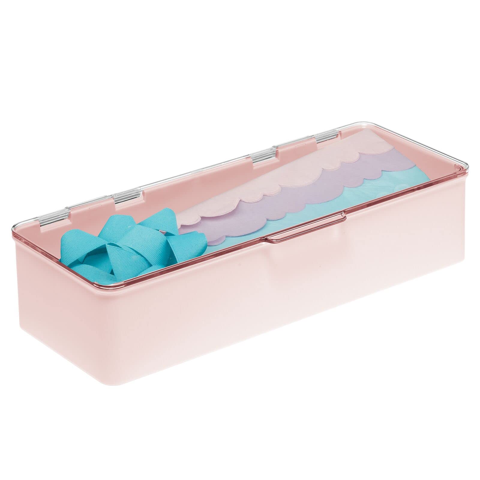 mDesign Long Plastic Household Stackable Storage Organizer Box Containers with Hinged Lid for Bedroom, Bathroom, Entryway, Hallway, Kitchen, Garage, Playroom, or Craft Room, Light Pink/Clear