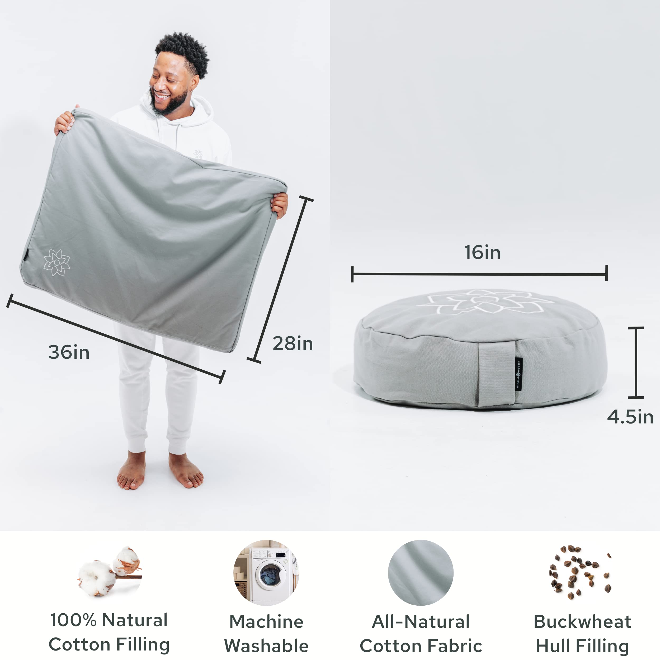 Mindful & Modern Meditation Cushion and Zabuton Meditation Mat Bundle - 100% Cotton Meditation Cushion Set for Yoga - Buckwheat Zafu Floor Pillow and Rectangular Mat - Slate Grey Color