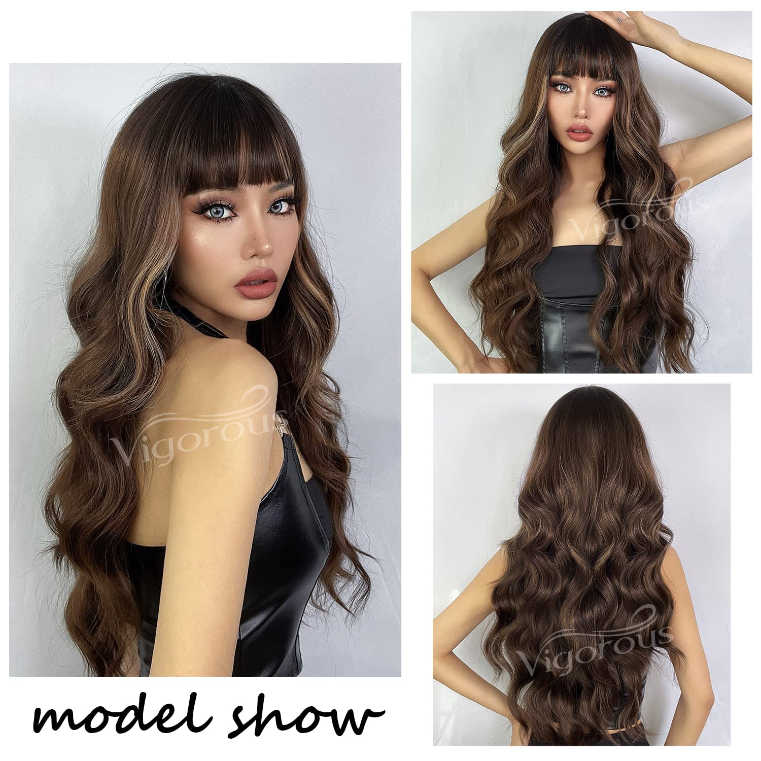 Vigorous Brown Wig With Bangs Long Wavy Wig for Women Synthetic Curly Wavy Wigs Brown Mixed Blonde color for Daily Party Use
