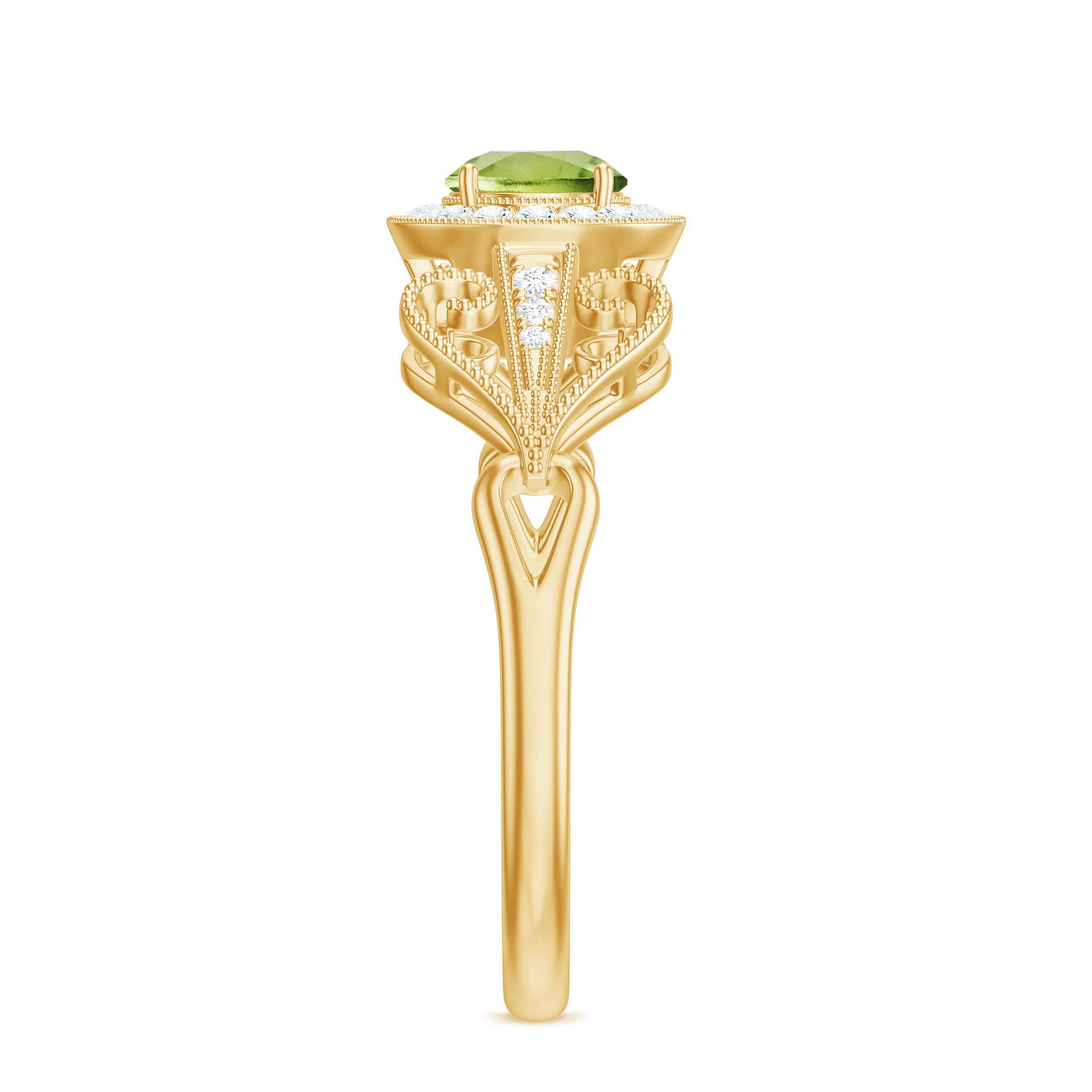 Rosec Jewels Certified Peridot and Diamond Vintage Inspired Engagement Ring | 5 MM | AAA Quality, 14K Yellow Gold, Size:US 9.50