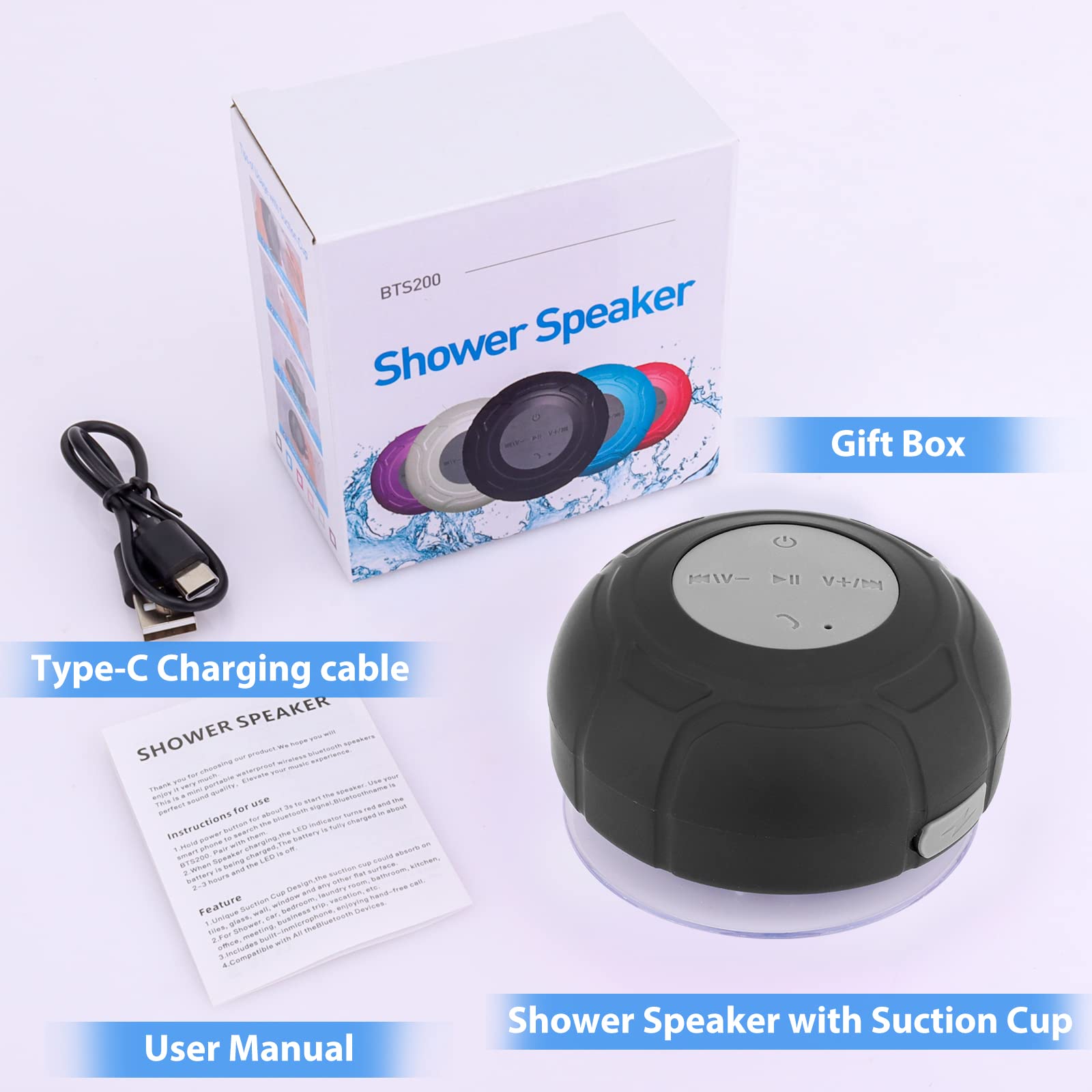 LUKADER Waterproof Bluetooth Shower Speaker Portable Wireless Water-Resistant Speaker Suction Cup,Built-in Mic Gifts for Kids Speakerphone Bathroom Kitchen - Blue