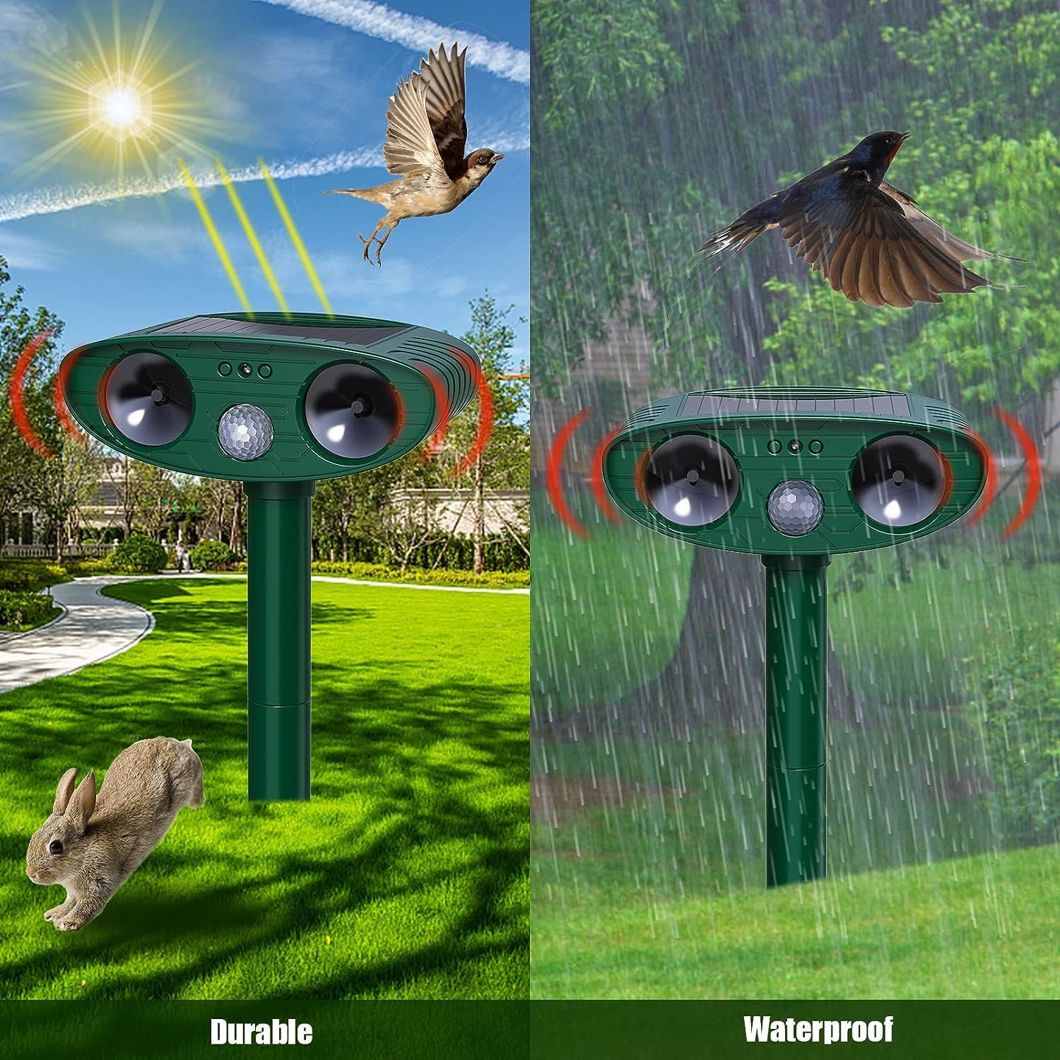 Mageloly Ultrasonic Bird Deterrent, Solar Animal Repeller Bird Repellent Devices Outdoor with Motion Sensor and Led Light Alarm, Waterproof Ultrasonic for Mole Dogs, Cats, Skunk, Squirrels, Green