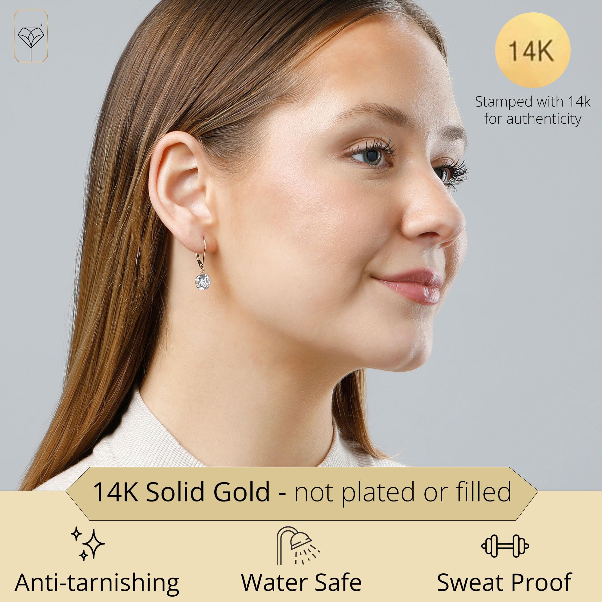 MAX + STONE 4 CT.TW | 14k Real Yellow Gold Leverback Cubic Zirconia Drop Dangle Earrings for Women